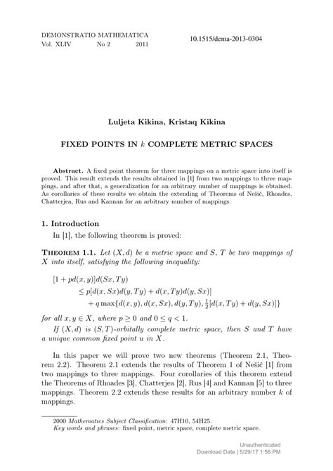 Pdf Fixed Points In K Complete Metric Spaces