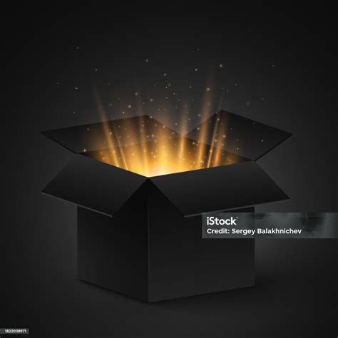 황금빛 빛과 날아다니는 입자가 있는 3d 선물 상자를 엽니다 판매 또는 휴일을 위한 그래픽 요소입니다 벡터 일러스트 레이 션입니다 3차원 형태에 대한 스톡 벡터 아트 및