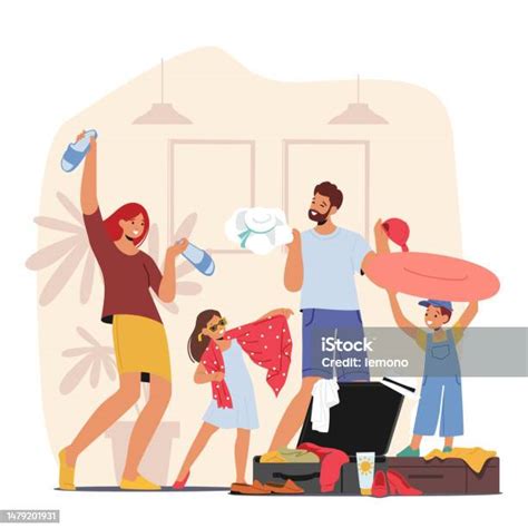 ครอบครัวเล็กกับเด็กบรรจุกระเป๋าเดินทางจัดระเบียบสิ่งของของพวกเขาและเตรียมพร้อมสําหรับ ภาพประกอบ