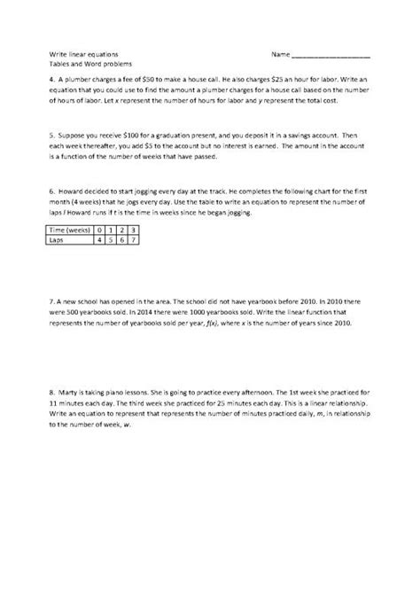 Simple Equations Problems Pdf 176676 Write Linear Equations Tables And Word Problems