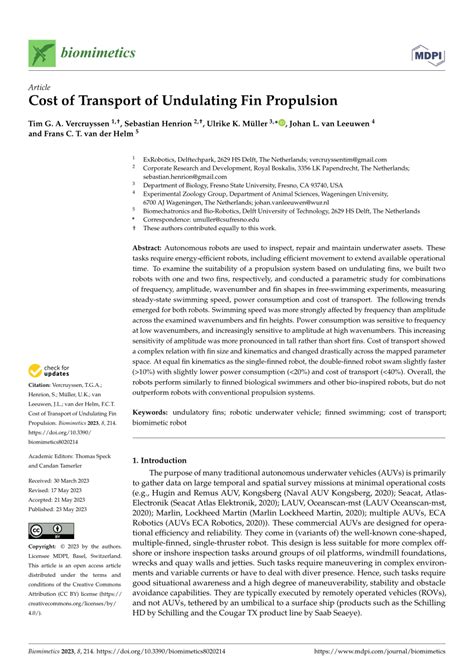 Pdf Cost Of Transport Of Undulating Fin Propulsion