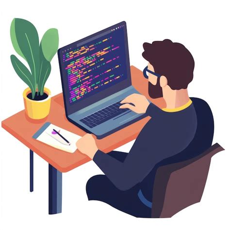 Man Coding On His Laptop At His Desk With A Plant And A Notepad