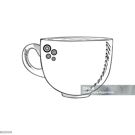 흰색 고립 된 배경에 뜨거운 음료를 위해 손으로 그린 세라믹 컵 흑백 그래픽 스타일로 일러스트레이션 낙서 그것은 직물 종이 및 기타 표면의 장식에 사용할 수 있습니다 검은