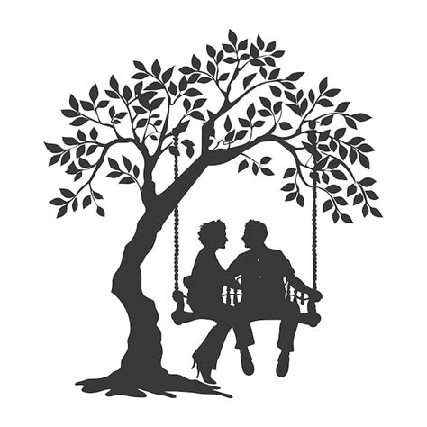 Silhouette Of A Couple Sitting On A Swing Under A Tree Premium AI Generated Vector