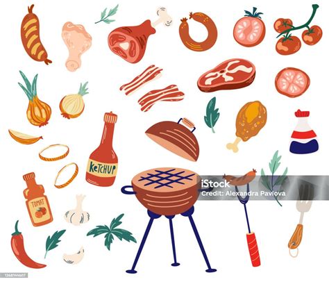 바비큐 바베큐 파티 그릴 또는 피크닉 바베큐 장비 그릴 꼬치 소시지 조미료 닭고기와 고기 야채 및 소스가 흰색으로 분리되어 있습니다 벡터 일러스트레이션 Barbecue
