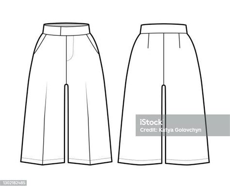 무릎 길이 싱글 플리트 일반 허리 슬래시 포켓 쇼트 버뮤다 드레스 팬츠 기술 패션 일러스트 0명에 대한 스톡 벡터 아트 및 기타