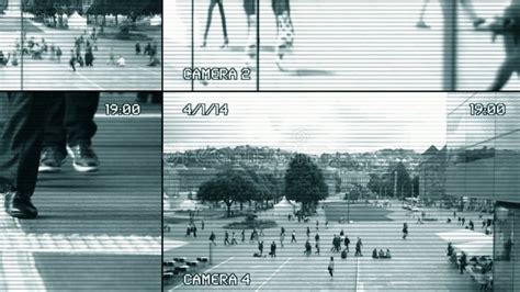 Cctv Surveillance Camera Split Screen Background Showing People Walking On Pulic City Street