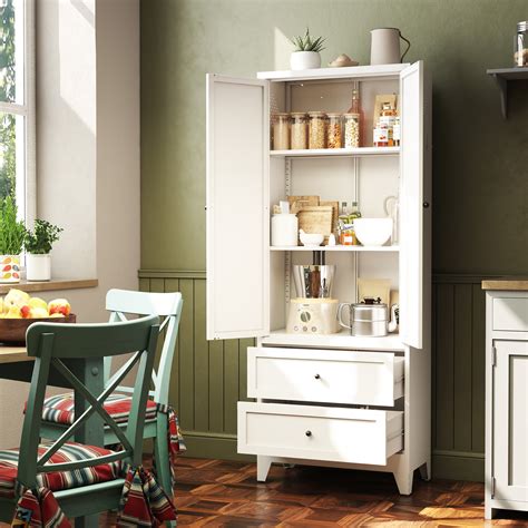 72 Inch White Pantry Cabinet With 2 Drawers Freestanding Kitchen