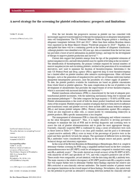 A Novel Strategy For The Screening For Platelet Refractoriness Pdf Platelet Elisa