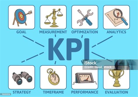 Keywards와 아이콘 Kpi 개념입니다 핵심 성과 지표 테이블입니다 파란색 바탕에 컬러 라인 벡터 일러스트입니다 개념에 대한 스톡 벡터 아트 및 기타 이미지 Istock