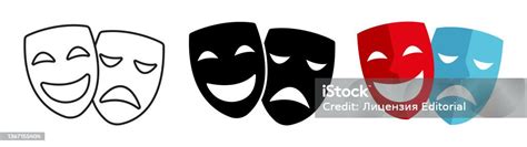 연극 마스크 벡터 아이콘 비극과 코미디 마스크 라인 흑백 및 다채로운 마스크의 세 가지 버전이 고립되어 있습니다 Theatrical Performance에 대한 스톡 벡터