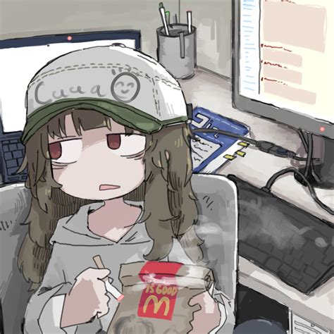 Safebooru 1girl Averting Eyes Bag Bags Under Eyes Baseball Cap Book Brown Hair Cable Cigarette