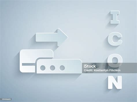 회색 배경에 격리 된 신용 카드 아이콘이 삽입 된 용지 절단 Pos 터미널 지불 터미널 트랜잭션 카드로 지불합니다 종이 아트 스타일 벡터 3차원 형태에 대한 스톡 벡터 아트