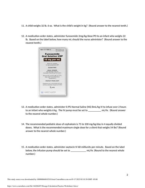 Solution Dosage Calculation Practice Worksheet 1 Docx Studypool