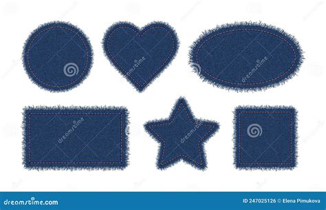 Denim Ellipse Shape With Seam Torn Jean Patch With Stitches Vector