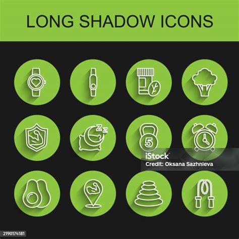 세트 라인 아보카도 과일 보디 빌더 근육 스마트 시계 핫 스톤 쌓기 줄넘기 시간 수면 알람 시계 및 무게 아이콘 벡터 건강한 생활방식에 대한 스톡 벡터 아트 및 기타 이미지