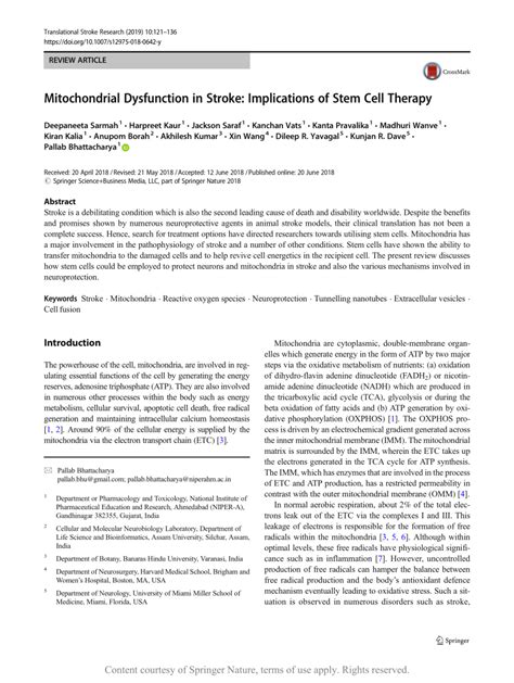 Mitochondrial Dysfunction In Stroke Implications Of Stem Cell Therapy Request Pdf