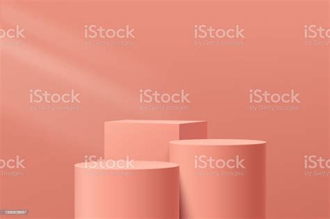 핑크 코랄 기하학적 받침대 연단 과 핑크 미니멀 한 벽 장면 쇼케이스를 위한 현대적인 플랫폼 파스텔 컬러 추상룸 제품 디스플레이 프레젠테이션을 위한 벡터 렌더링 3d