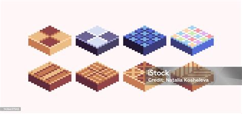 집 바닥 타일 픽셀 아트 세트 내부의 아이소메트릭 나무 돌 및 대리석 타일 컬렉션 8 비트 스프라이트 픽셀 아트에 대한 스톡 벡터 아트 및 기타 이미지 Istock