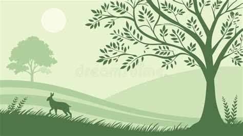 Serene Tree In Moonlit Field With Rabbit Symbolizing Peaceful Nature Vector Design Generative