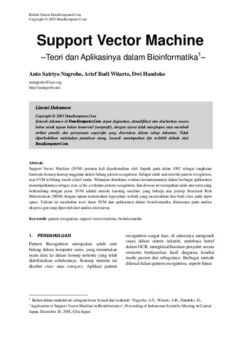 Pdf Support Vector Machine Teori Dan Aplikasinya Dalam Bioinformatika 1