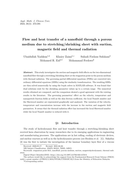 Pdf Flow And Heat Transfer Of A Nanofluid Through A Porous Medium Due To Stretchingshrinking