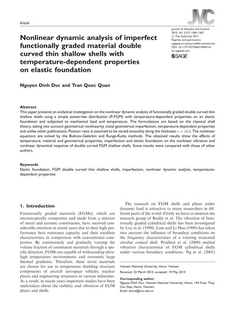 Pdf Nonlinear Dynamic Analysis Of Imperfect Functionally Graded Material Double Curved Thin