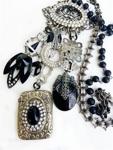 Sophisticated Elegance Elaborate Vintage Component Assemblage Necklace Vesta Art Deco Black