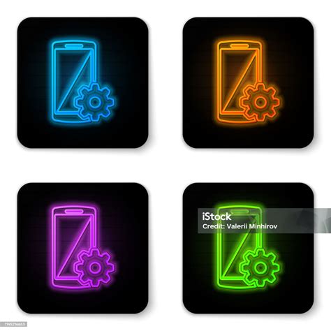 흰색 바탕에 스마트 폰 화면 아이콘에 빛나는 네온 설정 휴대 전화와 기어 기호입니다 응용 프로그램을 조정 옵션을 설정 수리 전화