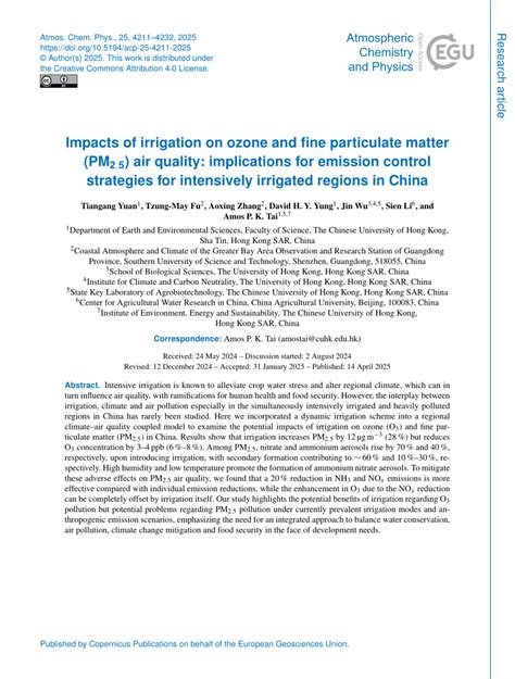 Pdf Impacts Of Irrigation On Ozone And Fine Particulate Matter Pm2 5 Air Quality