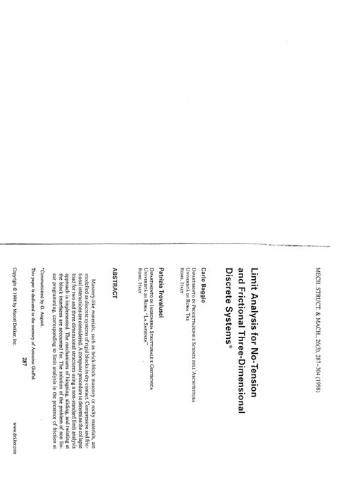 Pdf Limit Analysis For No Tension And Frictional Three Dimensional Discrete Systems