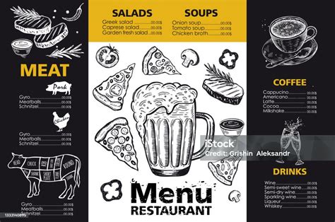 레스토랑 스케치 일러스트레이션을 위한 디자인 메뉴 템플릿입니다 벡터 전단지 고기에 대한 스톡 벡터 아트 및 기타 이미지 고기 굽기 낙서 드로잉 Istock