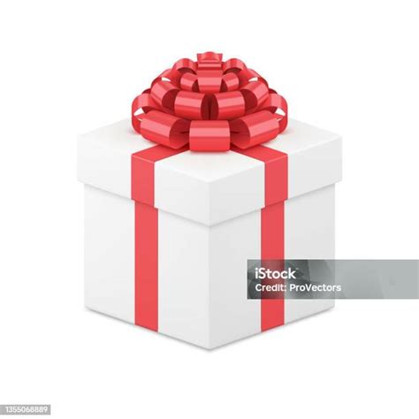 레드 메탈릭 리본 클래식 3d 디자인 리얼사실 벡터가 있는 전통적인 홀리데이 화이트 기프트 박스 3차원 형태에 대한 스톡 벡터