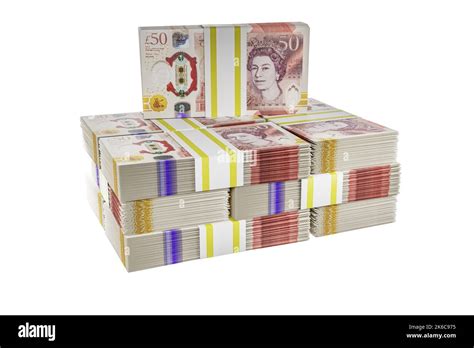Pile Piles Of UK Money Stack Stacks Of British Polymer 50 Notes Bundle