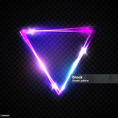 네온 사인 삼각형 배경입니다 어두운 투명 배경에 빛나는 전기 추상 프레임입니다 빛 사이니지와 함께 나이트 클럽 레이저 배너입니다 플레어와 스파클밝은 3d 벡터 그림 1980
