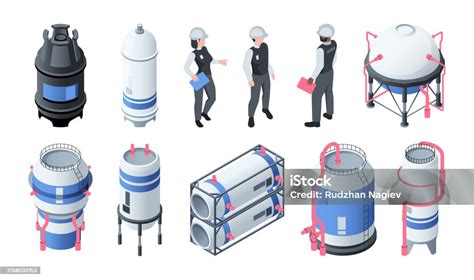등척성 압축 가스 저장 탱크 세트 작업자와 액화 가스를 위한 다양한 원통형 용기가 있는 아이콘입니다 Lpg 가스통 3d 벡터 일러스트레이션 모음 등측투영법에 대한 스톡 벡터