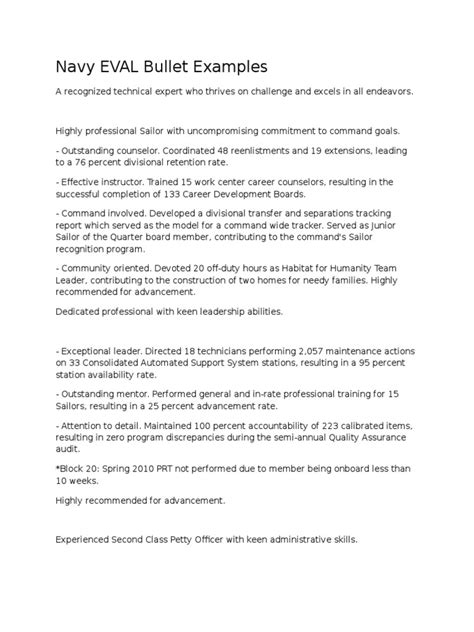 Navy Eval Bullet Examples Edit Pdf United States Navy Quality Assurance