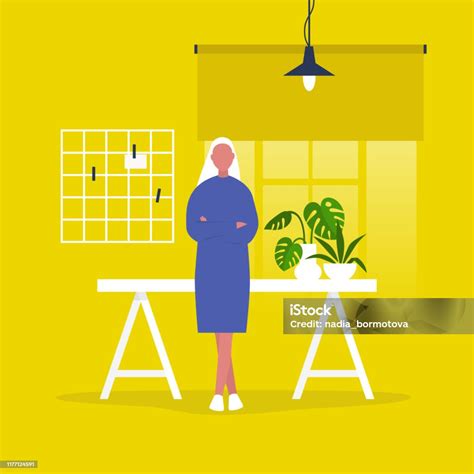 회사의 젊은 Ceo 책상에 기대어 백인 여성 캐릭터 사무실 생활 마케팅 관리 플랫 편집 가능한 벡터 일러스트레이션 클립 아트 비즈니스에 대한 스톡 벡터 아트 및 기타 이미지