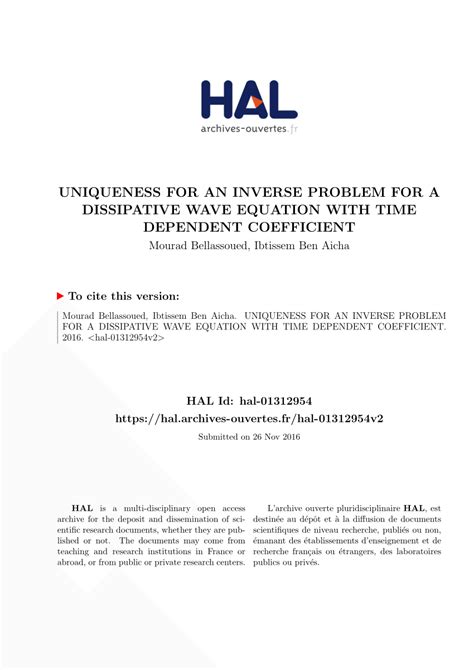 Pdf Uniqueness For An Inverse Problem For A Dissipative Wave Equation With Time Dependent