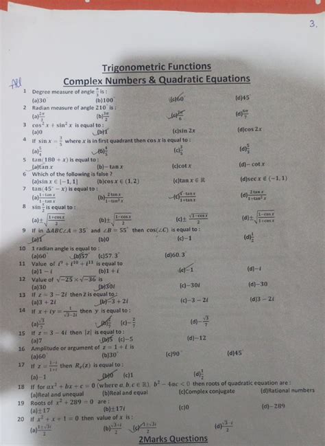 All Trigonometric Functions Complex Numbers And Quadratic Equations 1 Degre