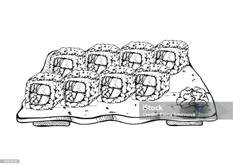 일본 음식 초밥 롤 세트 세라믹 접시 원시 생선 알래스카 캘리포니아 필라델피아 연어 아보카도 참깨 참깨 벡터 펜과 잉크로 그린 손 일러스트 레스토랑 카페 메뉴 레시피 북
