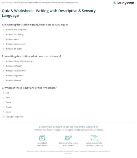 Quiz And Worksheet Writing With Descriptive And Sensory Language