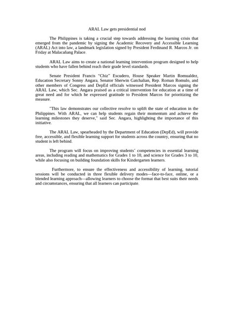 Aral Law Gets Presidential Nod Pdf