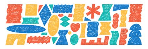 추상적인 기하학적 모양을 가진 다양한 펑키 요소 세트 직사각형 원 타원형 및 하트 크레용 분필 또는 파스텔 질감 흰색 배경에 손으로 그린 컬러 벡터 그림입니다 기하에 대한