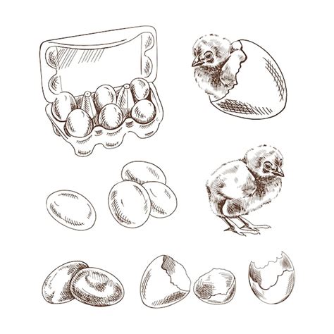 치킨 Shelll 및 계란의 Handdrawn 스케치 계란 벡터 일러스트 레이 션의 포장 흰색 배경 빈티지 요소에 고립 된