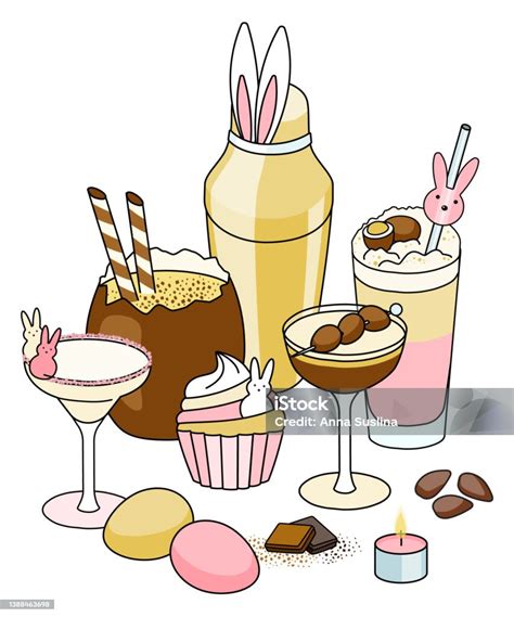 부활절 휴일 칵테일 구성 설탕 토끼와 초콜릿 달걀로 장식 된 안경의 귀여운 분홍색과 노란색 음료 토끼 귀가있는 바 셰이커 달콤한 장식 만화 스타일 일러스트레이션 계절에 대한