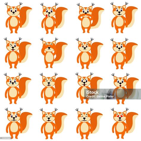 흰색 배경에 고립 된 플랫 스타일의 귀여운 다람쥐 감정세트 장식 및 디자인 어린이 책과 색칠 스티커 직물 포장 엽서에 대한 스톡 벡터 일러스트레이션 감정에 대한 스톡 벡터