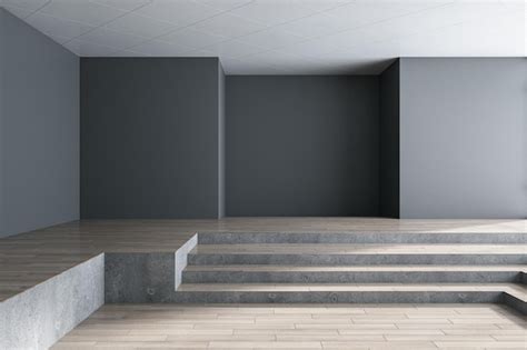 현대적인 자유형 콘크리트 기하학적 인테리어 계단 나무 바닥 및 벽 건축 공간 개념 3d 렌더링에 조롱 프리미엄 사진