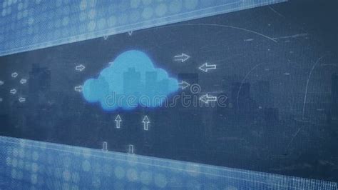 Cloud Computing Data Flow Animation Over Cityscape With Arrows Stock