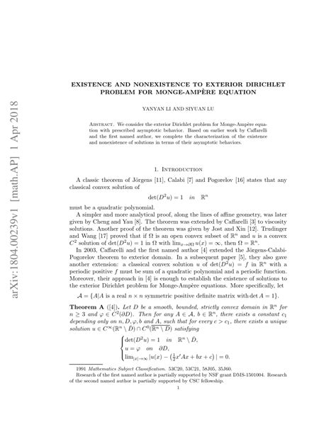 Pdf Existence And Nonexistence To Exterior Dirichlet Problem For Monge Amp`ere Equation